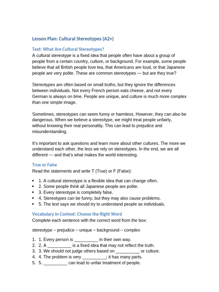 Cultural Stereotypes Lesson A2+ | PDF | Stereotypes | Human Communication