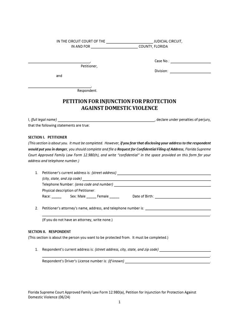 Petition For Injunction For Protection Against Domestic Violence ...
