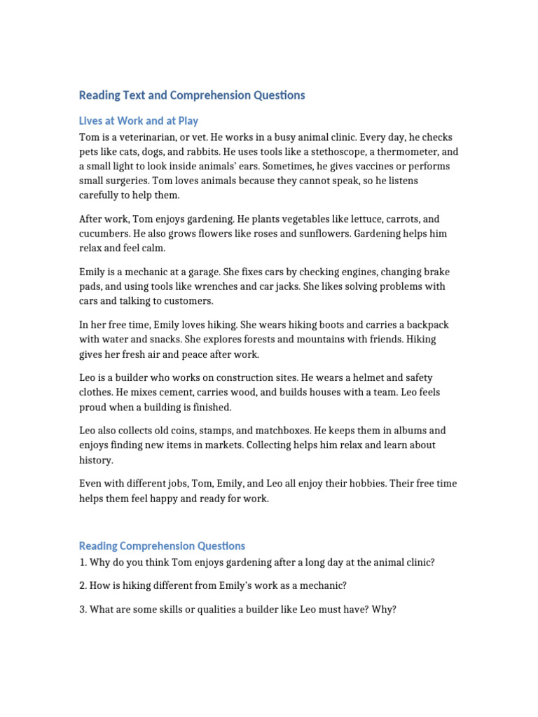 A1 Plus Reading and Comprehension Short | PDF