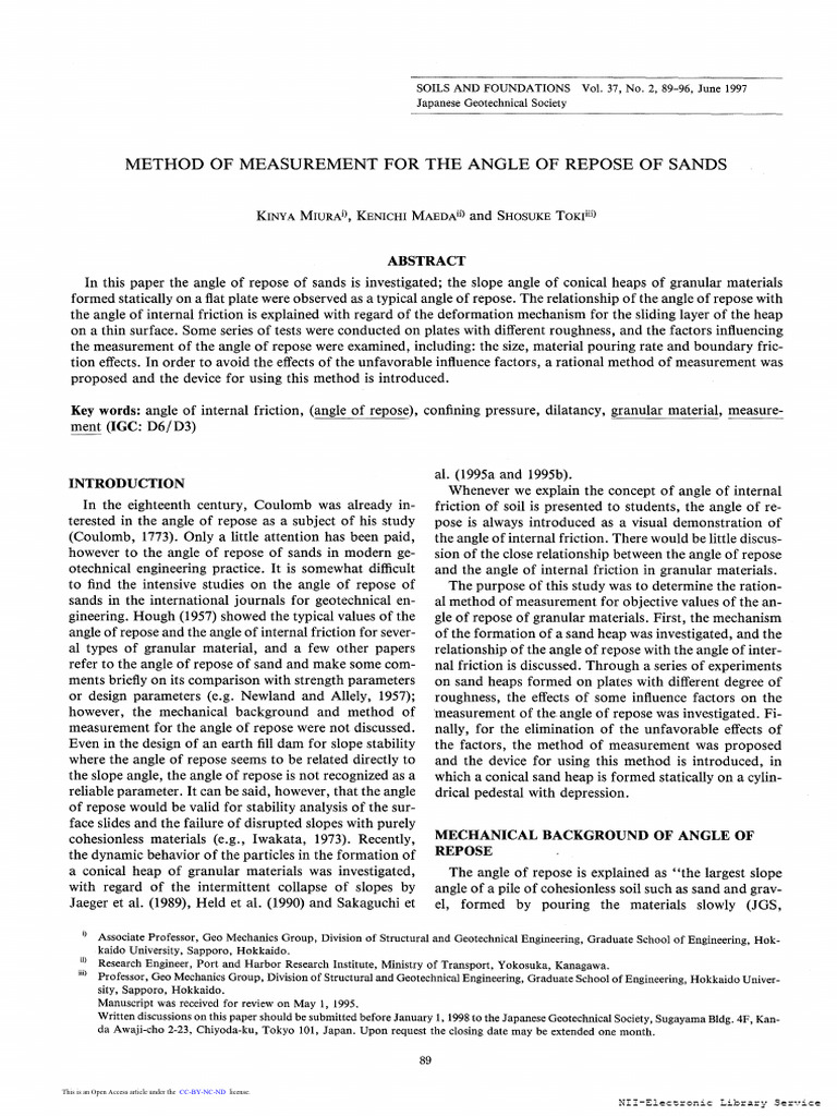 Method of Measurement For The Angle of Repose of Sands | PDF | Friction ...