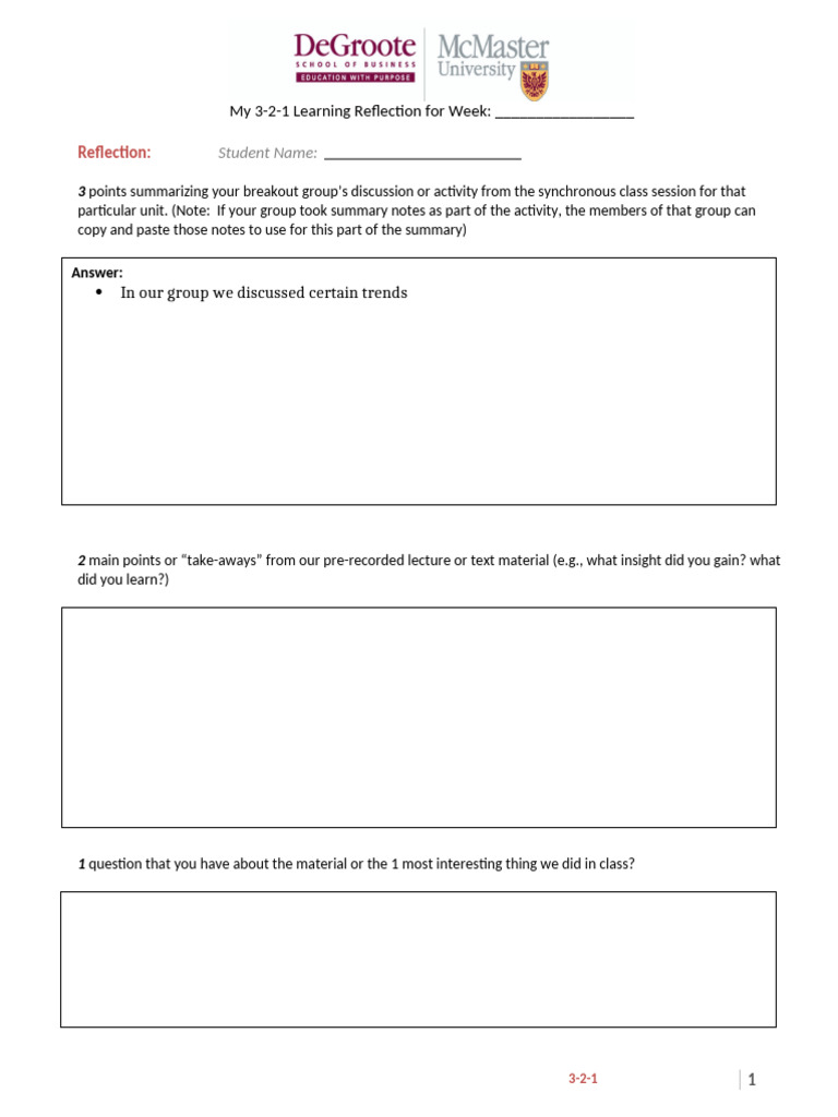 3-2-1 Reflection Template | PDF