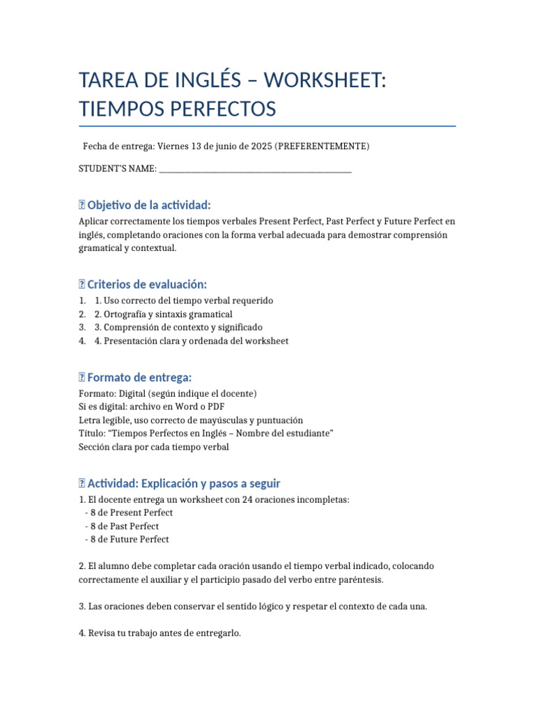 Tarea Worksheet Tiempos Perfectos | PDF | Verbo | Unidades Semánticas