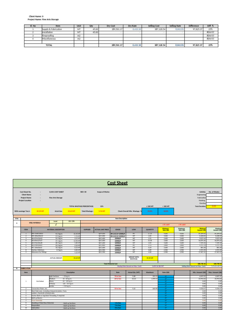 Cost Sheet Fine Arts r00 | PDF | Metal Fabrication | Building Materials