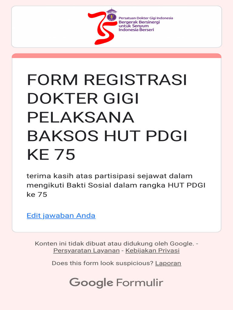 Form Registrasi Dokter Gigi Pelaksana Baksos Hut Pdgi Ke 75 | PDF