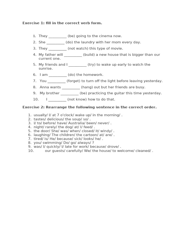 Verb Form and Sentence Rearrangement Exercise | PDF