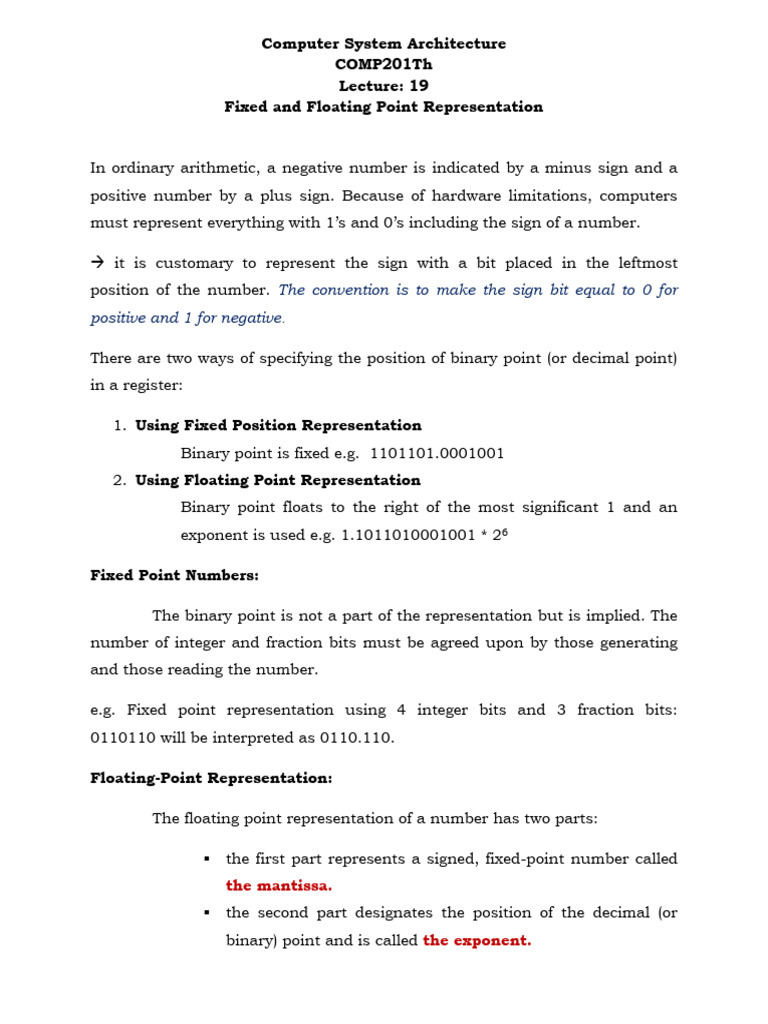 LECTURE NOTE Fixed and Floating Point Representation | PDF | Numbers | Exponentiation
