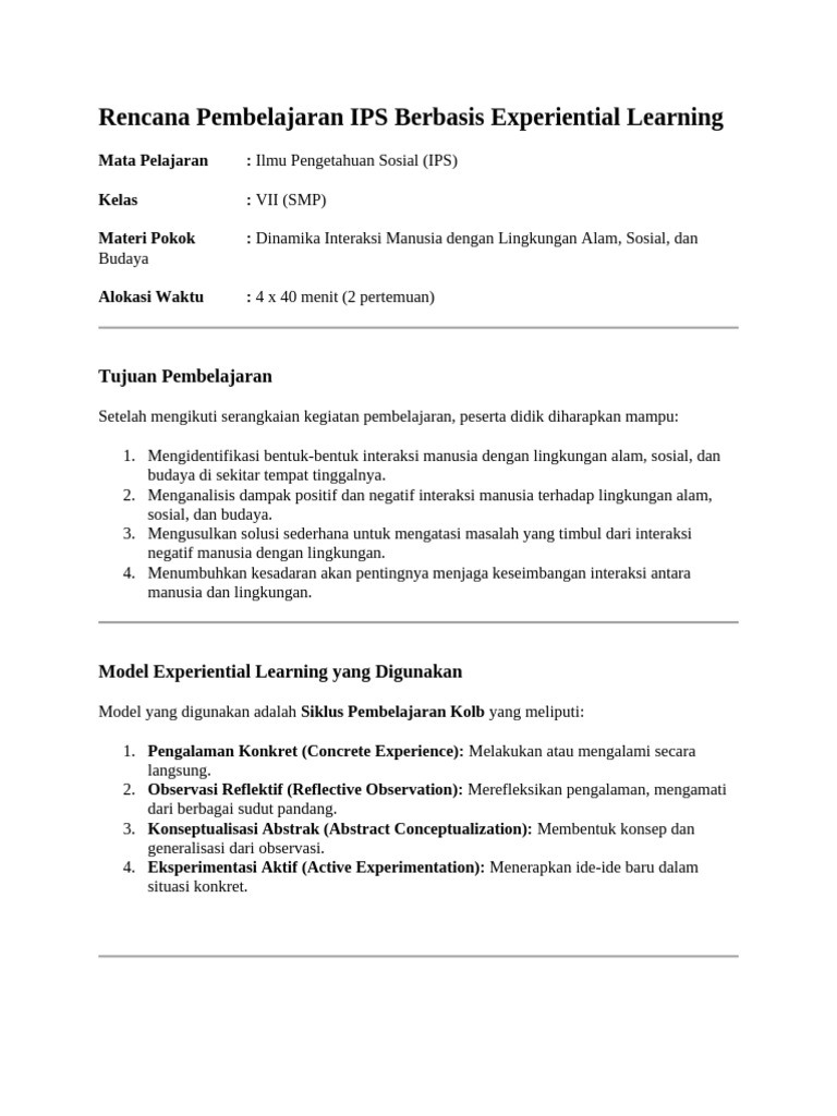 Contoh Rencana Pembelajaran IPS Berbasis Experiential Learning | PDF