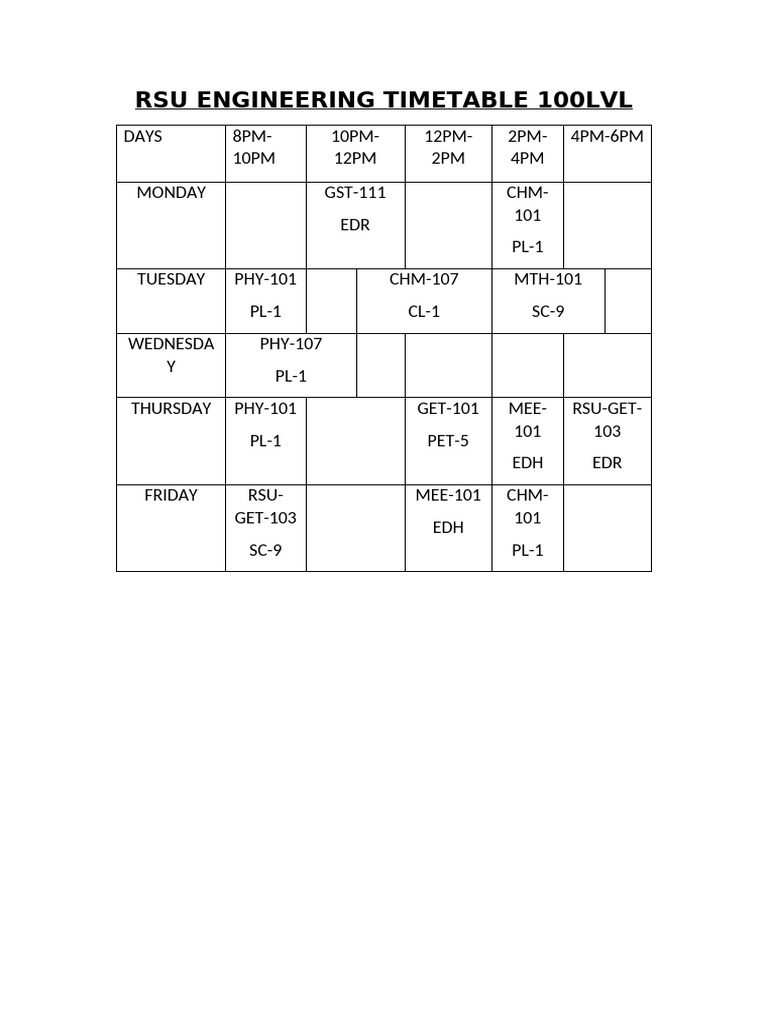 Rsu Engineering Timetable 100lvl | PDF