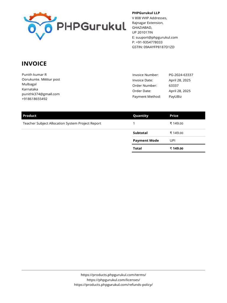 PG Invoice for Teacher Project Report | PDF