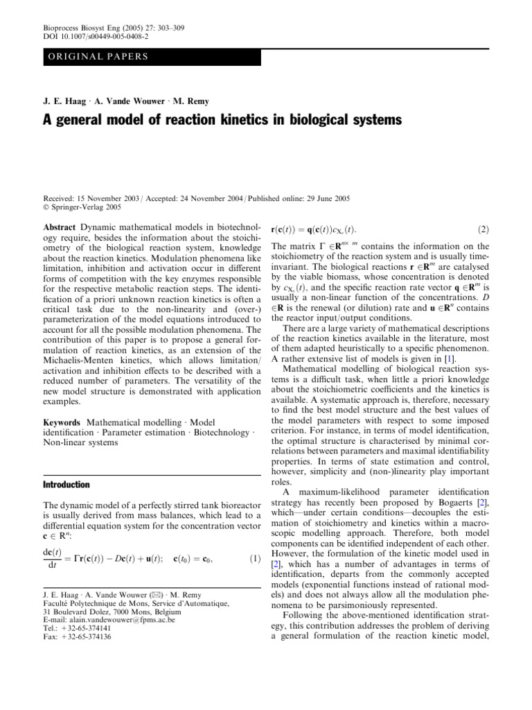 A General Model of Reaction Kinetics in Biological Systems | PDF ...