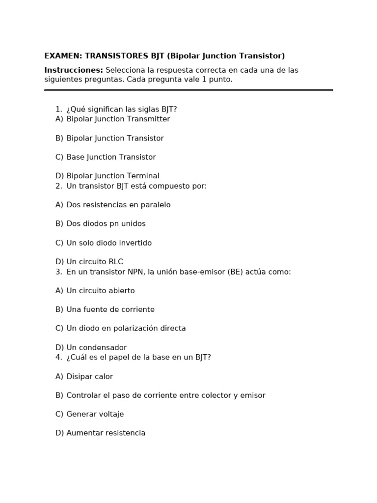 Examen sobre Transistores BJT | PDF | Transistor de unión bipolar ...