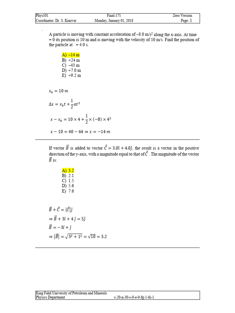 Phys101-171 Final Solution-Reviewed | PDF | Velocity | Oscillation