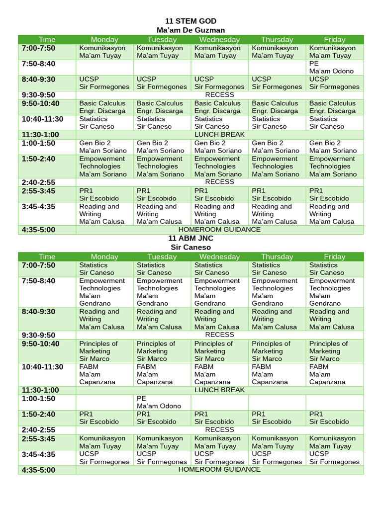 SHS Sched Second Sem SY 24 25 | PDF
