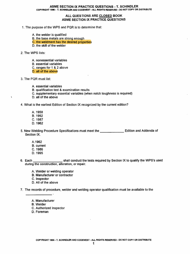 Asme Section Ix Practice Questions 1 | PDF
