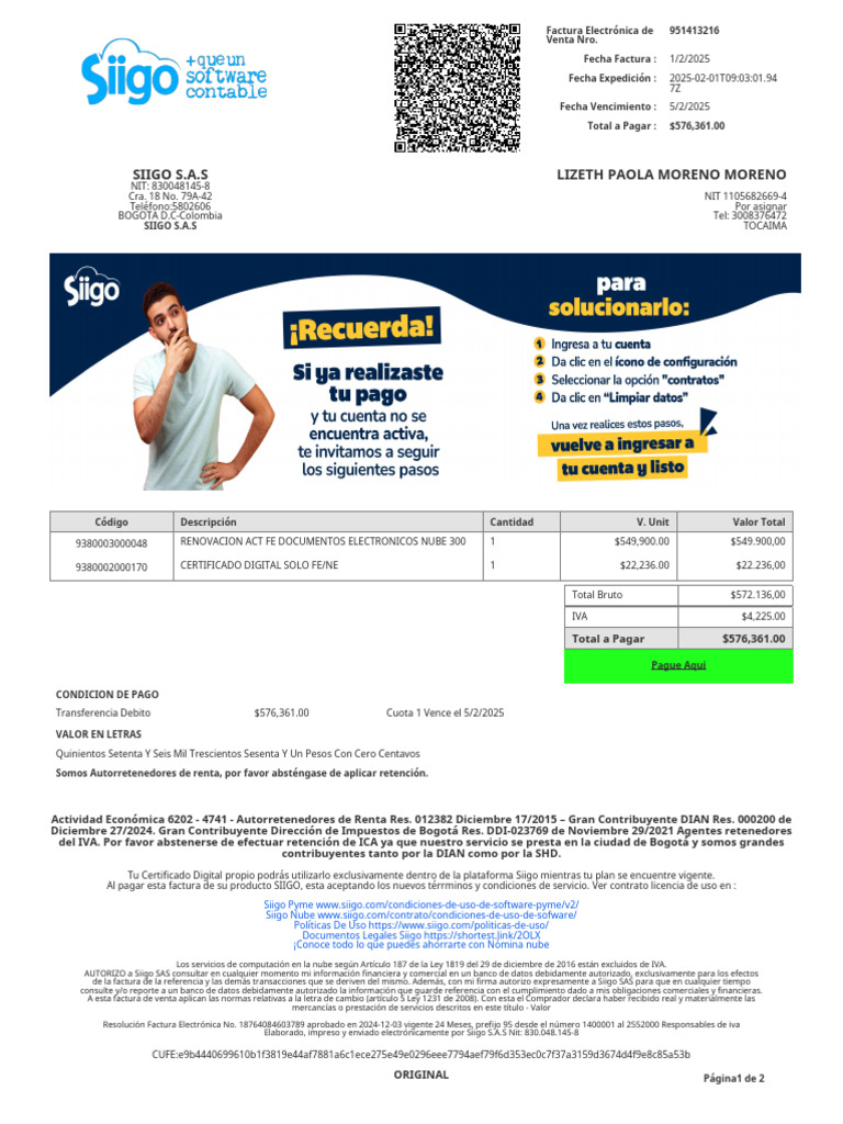 Factura Electrónica SIIGO NIT 830048145 | PDF | Factura | Pagos