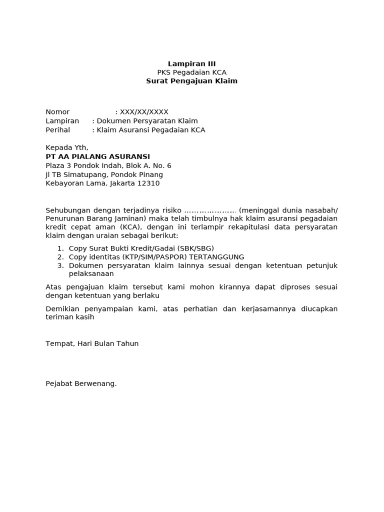 Template Form Claim Pegadaian | PDF