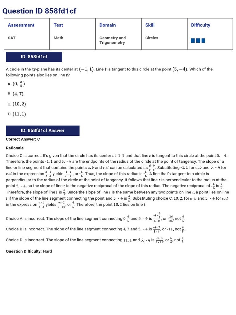 Circle Geometry SAT Questions | PDF | Circle | Tangent