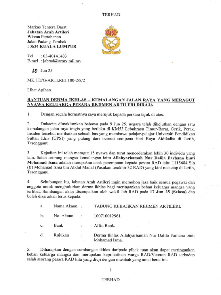 Surat Bantuan Derma Ikhlas Kepada SJN (B) Mohamad Isma | PDF