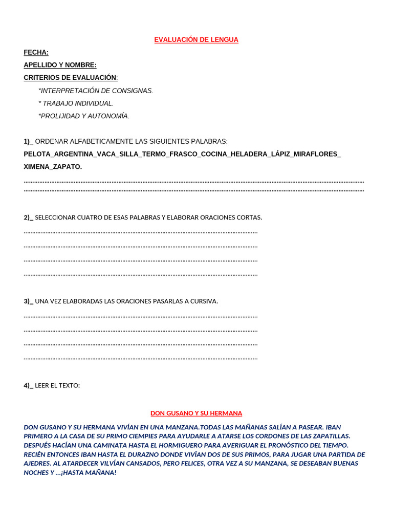 Evaluación de Lengua 3 Grado | PDF