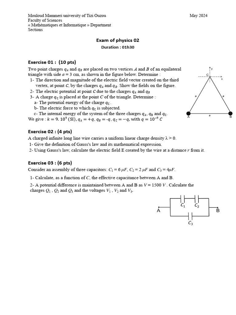 Exam of Physics 02: Duration: 01h30 | PDF