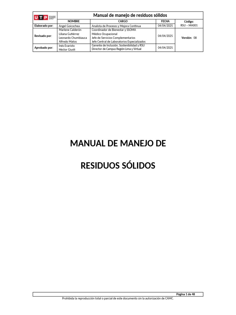 RSU - MA001 Manual de Manejo de Residuos Solidos v08 | PDF | Residuos | Residuos sólidos urbanos