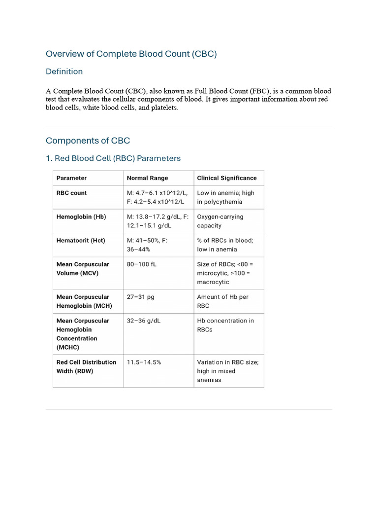 Overview of Complete Blood Count (CBC) | PDF