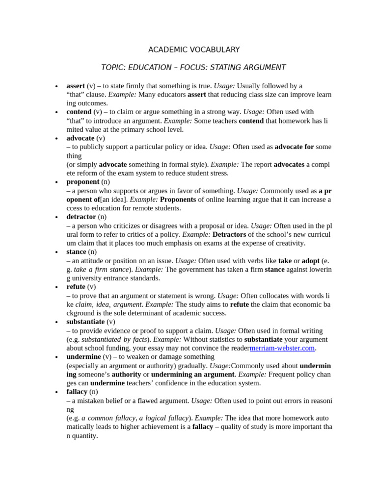 ACADEMIC VOCABULARY - Education - Stating Argument | PDF | Fallacy ...
