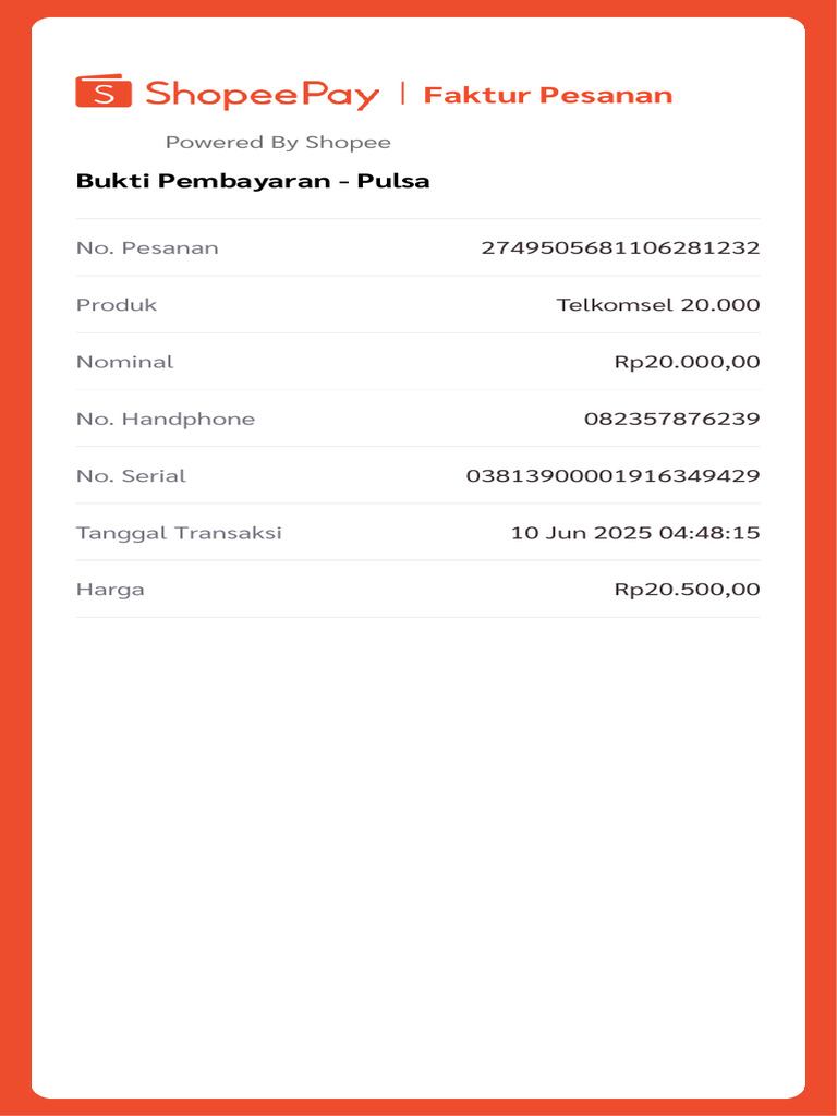 Faktur Pesanan: Bukti Pembayaran - Pulsa | PDF