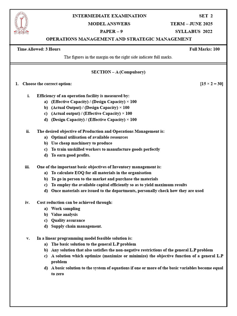Operations Management Exam Model Answers | PDF | Cloud Computing ...