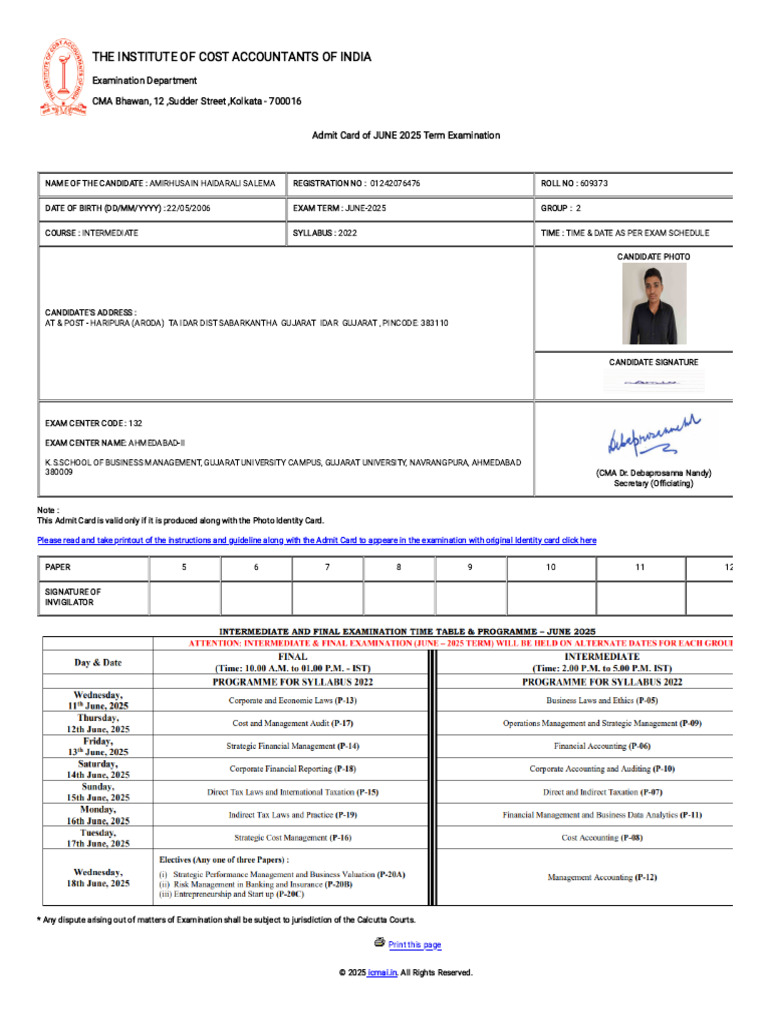 CMA Inter June 2025 Admit Card | PDF