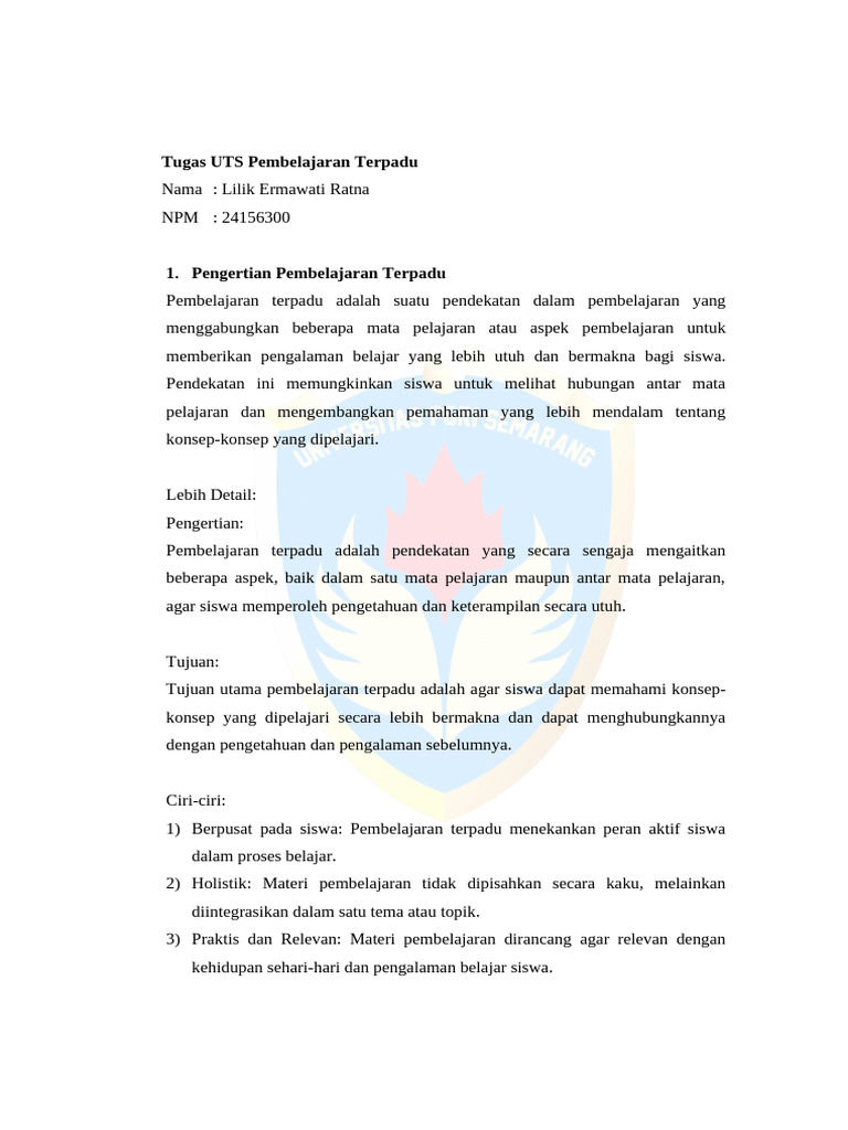 UTS - Pembelajaran Terpadu - Lilik Ermawati Ratna | PDF