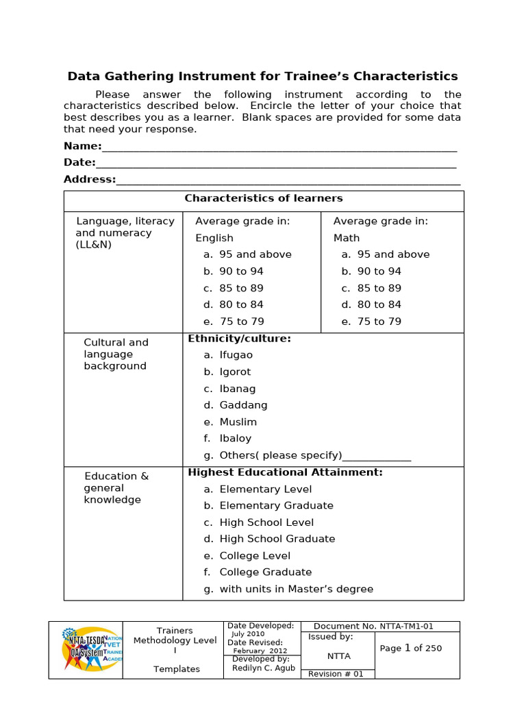 Sample Data Gathering Instrument For Trainee-Final | PDF | Learning ...