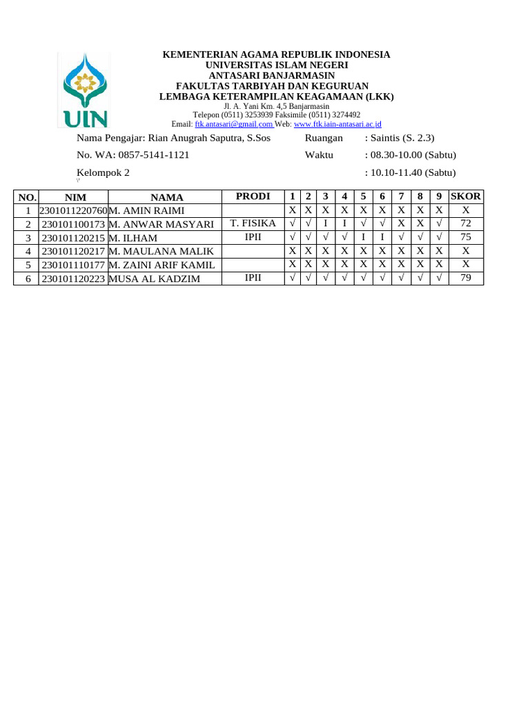Absen & NIlai KEL 2 LKK 1 2024 Kampus 2 | PDF