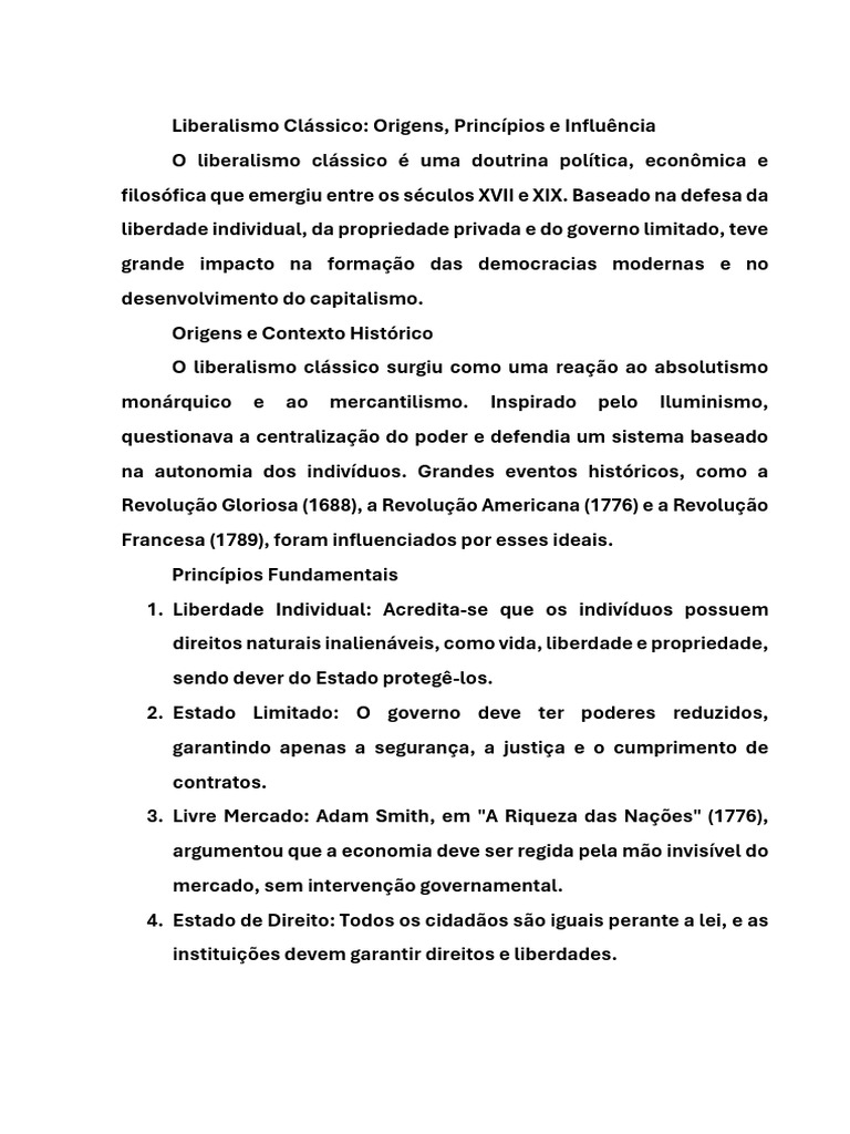 Liberalismo Clássico: Princípios e Impacto | PDF