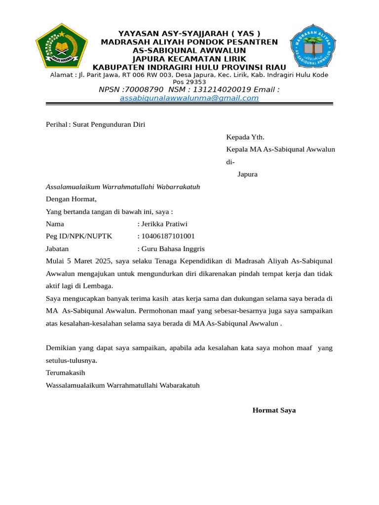 Surat Pengunduran Diri Simpatika | PDF