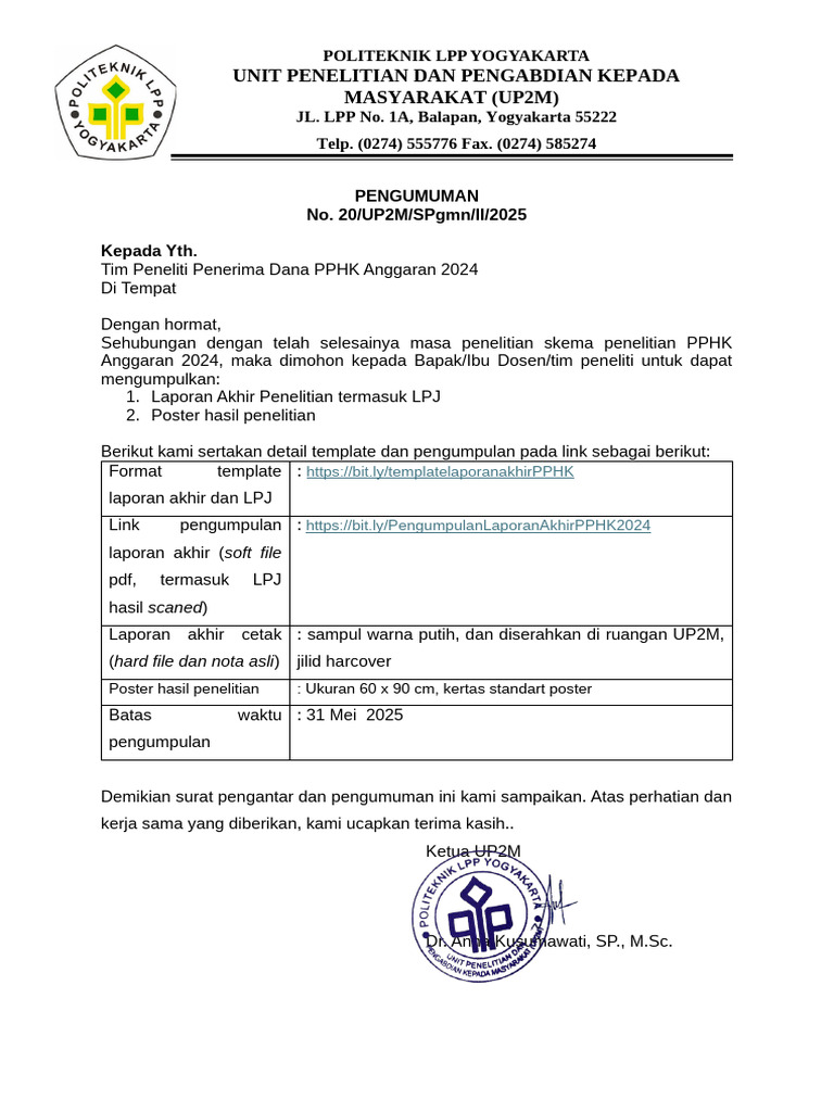 Surat Pengumpulan Laporan Akhir PPHK 2 | PDF