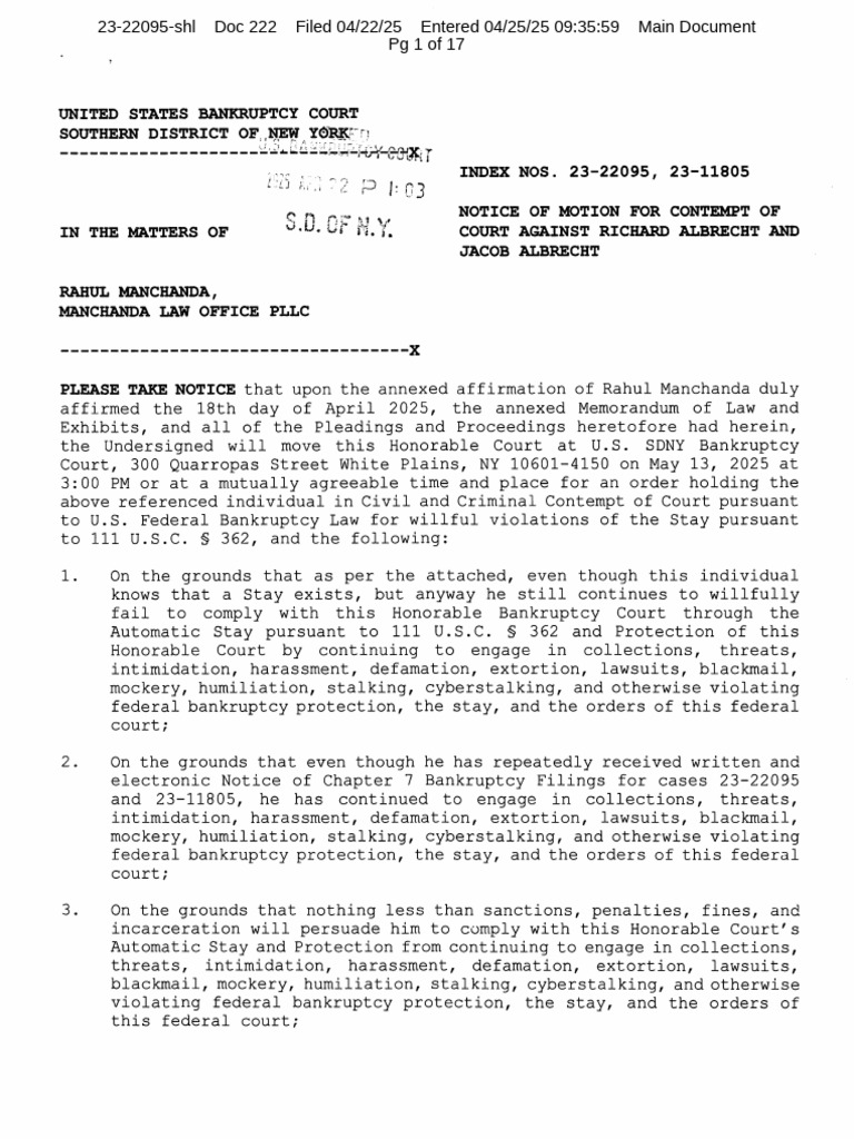 Motion for Contempt Against Albrecht | PDF | Bankruptcy | Stalking