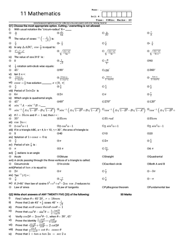 11th Math Trigonometry Test | PDF | Trigonometric Functions | Mathematics