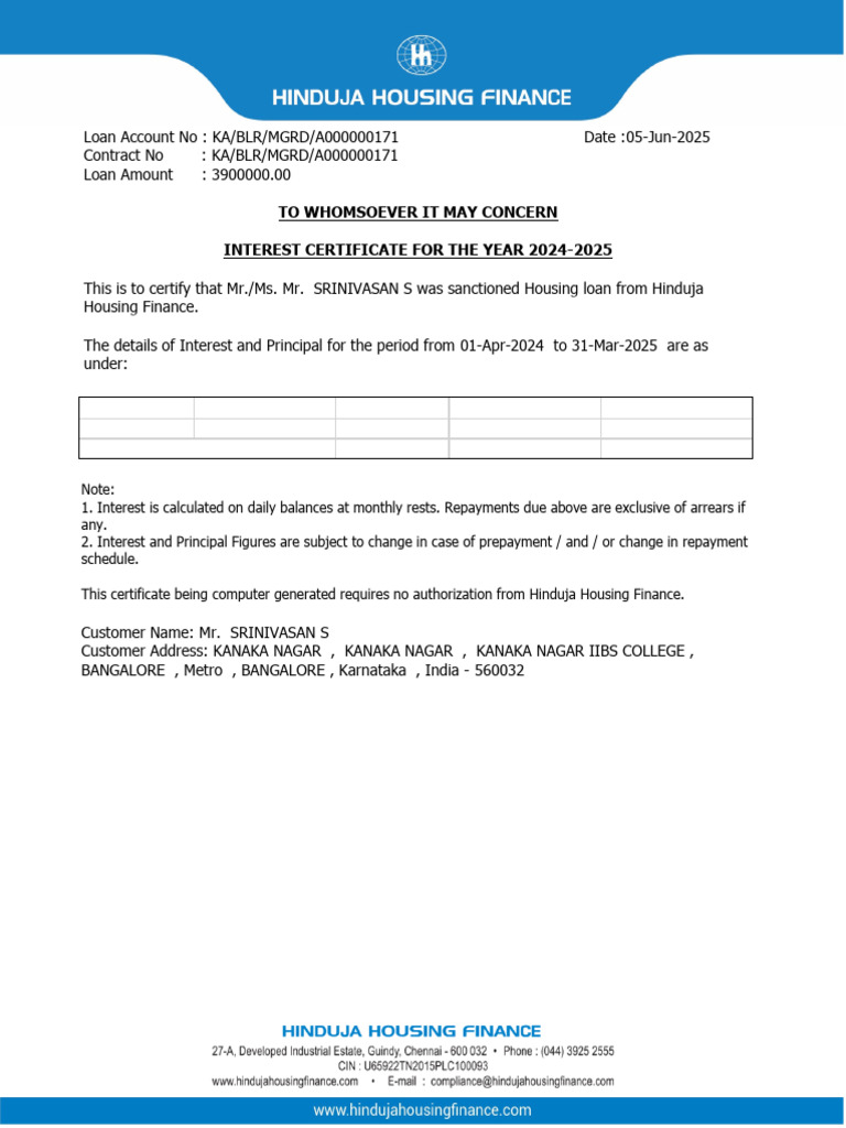 Interest Certificate for Housing Loan 2024 | PDF