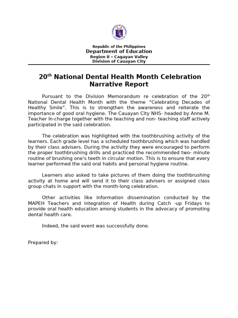 Narrative Report On Dental Health2024 | PDF