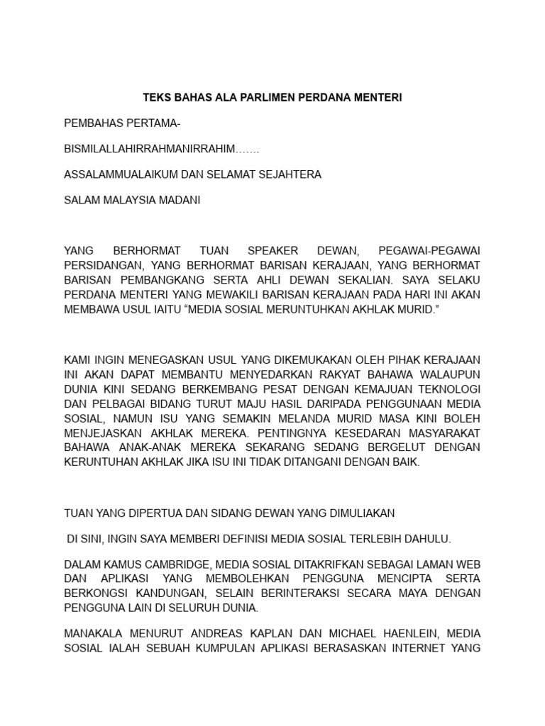Teks Bahas Ala Parlimen Perdana Menteri | PDF