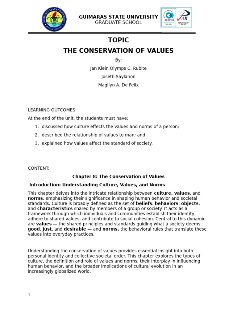 Lesson 8. The Conservation of Values | PDF | Identity (Social Science ...