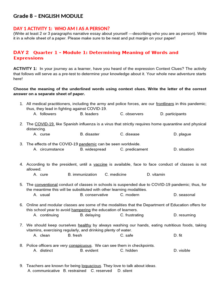 ENGLISH 8 QUARTER 1 Module | PDF | Pandemic