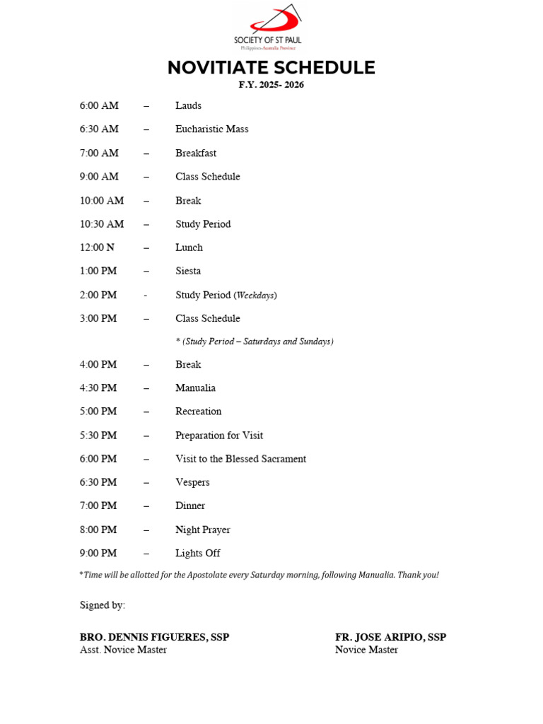 Novitiate Schedule 2025-2026 | PDF