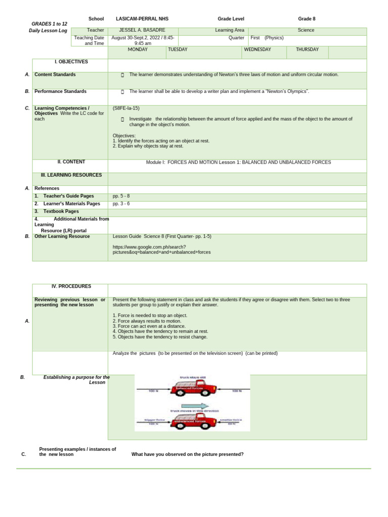 Science 8 DLL | PDF | Force | Newton's Laws Of Motion