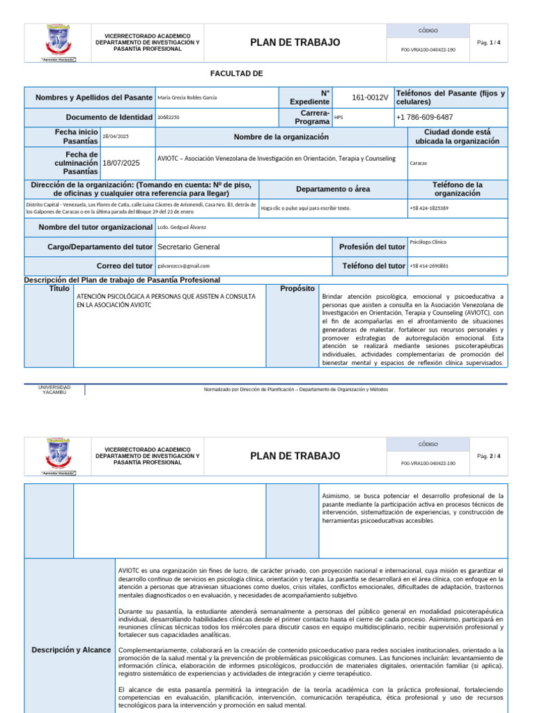 Segundo Borrador Plan de Trabajo Maria Robles | PDF | Psicoterapia | Sicología