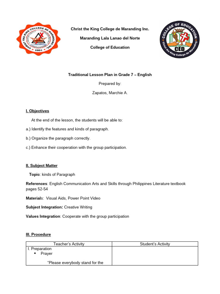 Traditional Lesson Plan in Grade 7 Final 1 . | PDF | Essays | Teachers