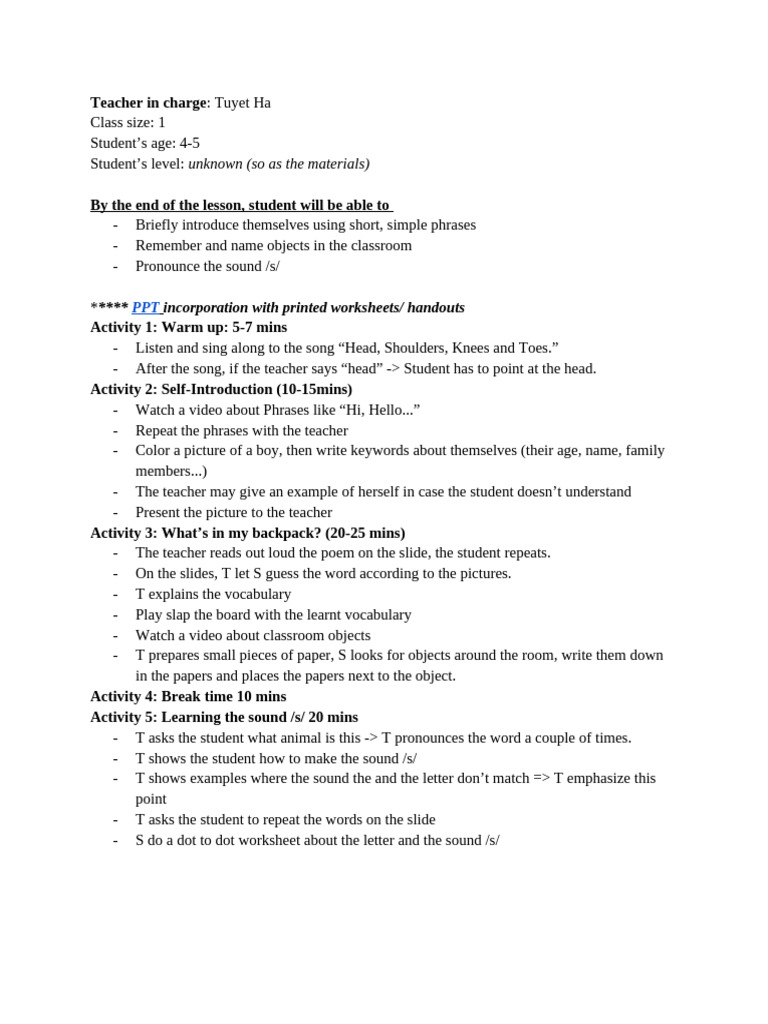 PreK Trial Lesson Plan - English | PDF
