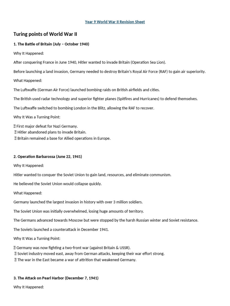 World War II Revision Sheet | PDF | Surrender Of Japan | Atomic ...