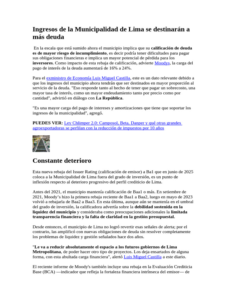 Ingresos de La Municipalidad de Lima Se Destinarán A Más Deuda | PDF | Deuda | Lima